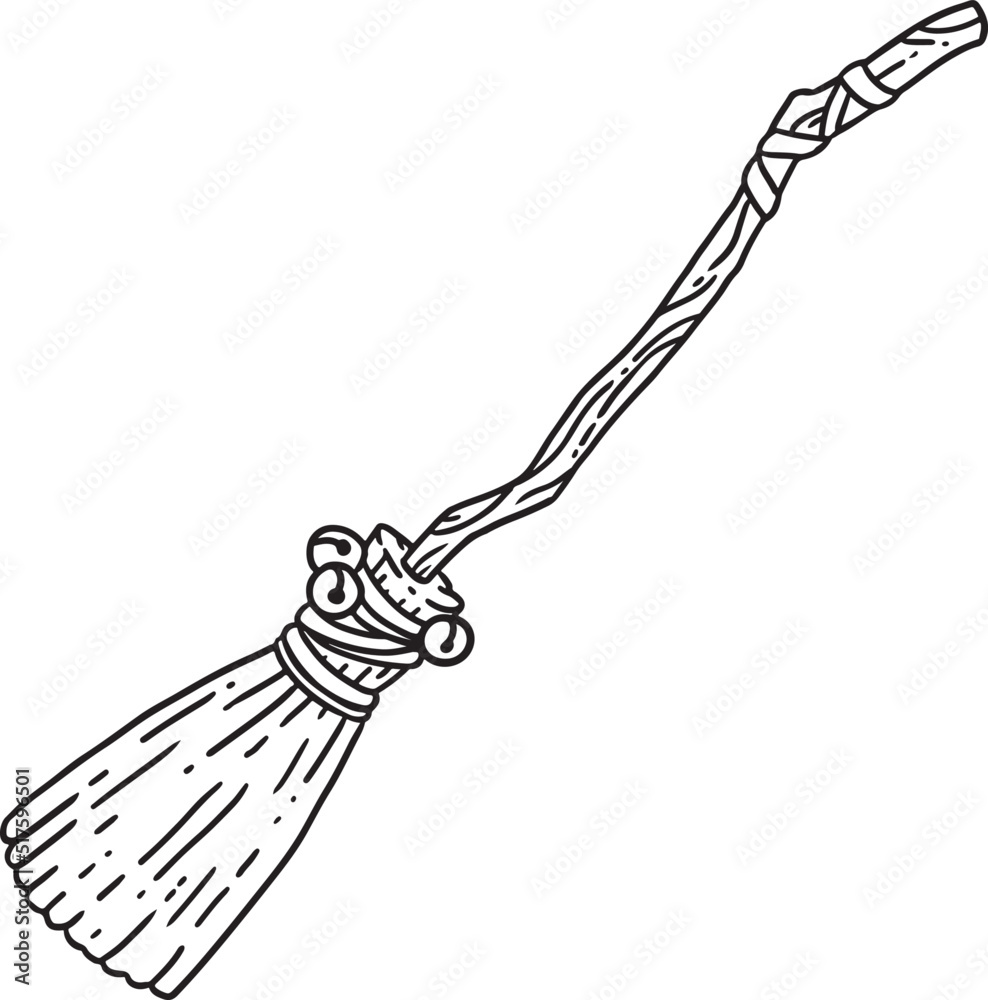 Broomstick cartoon icon. Outline comic style broom image. Hand drawn ...