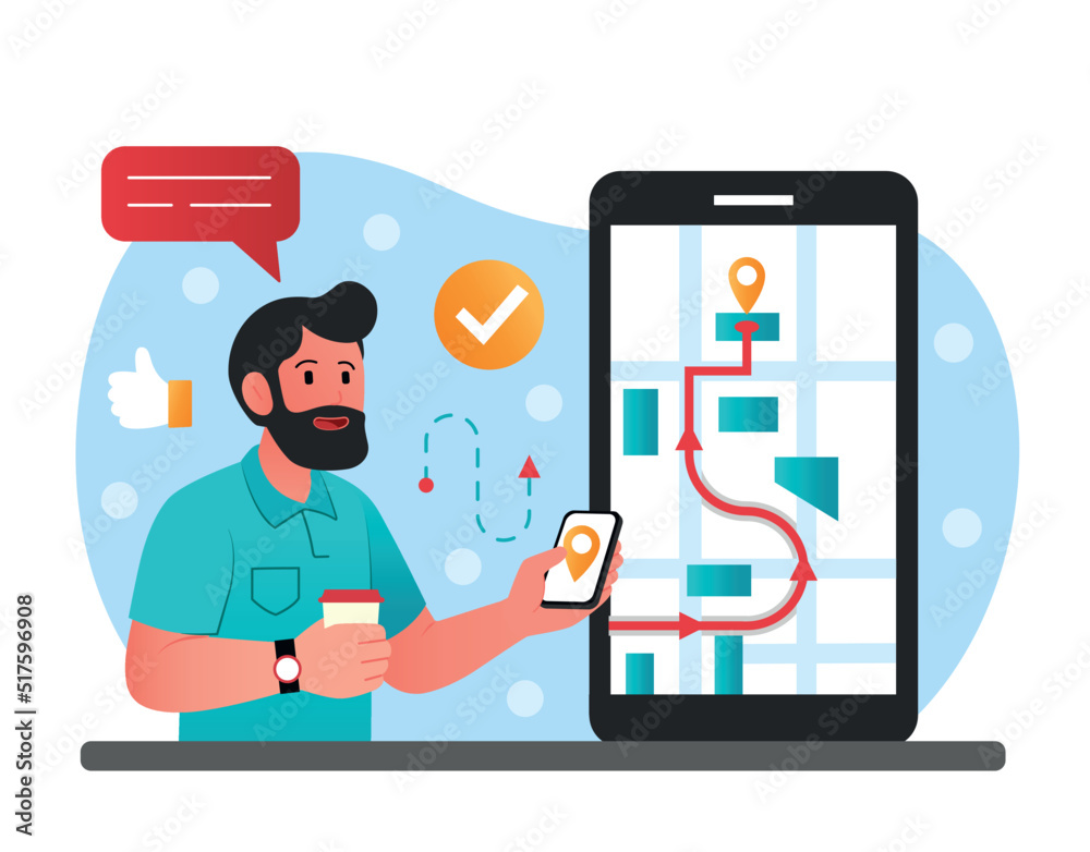 Navigation application concept. Man with smartphone in hands studying ...