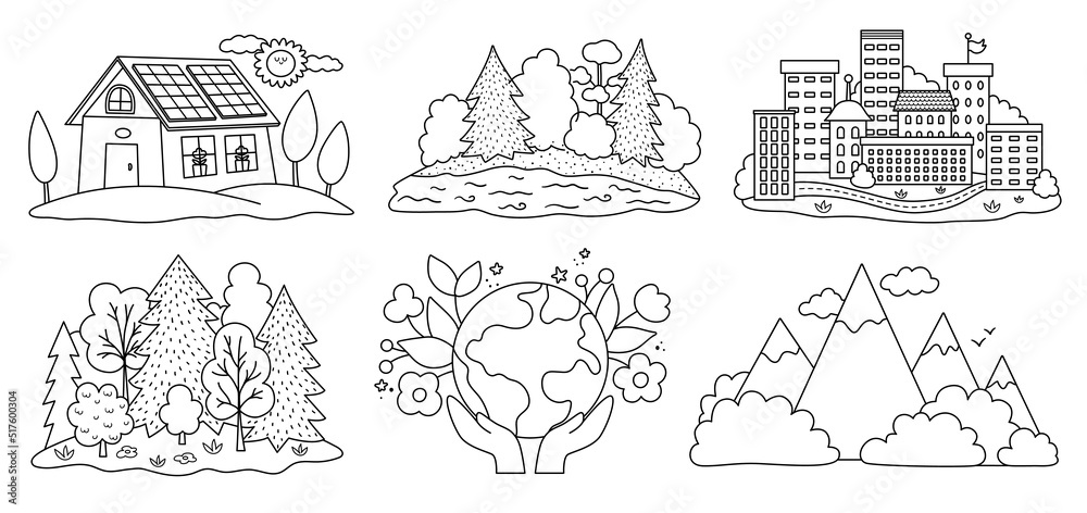 Vector black and white ecological nature set. Environment friendly line ...