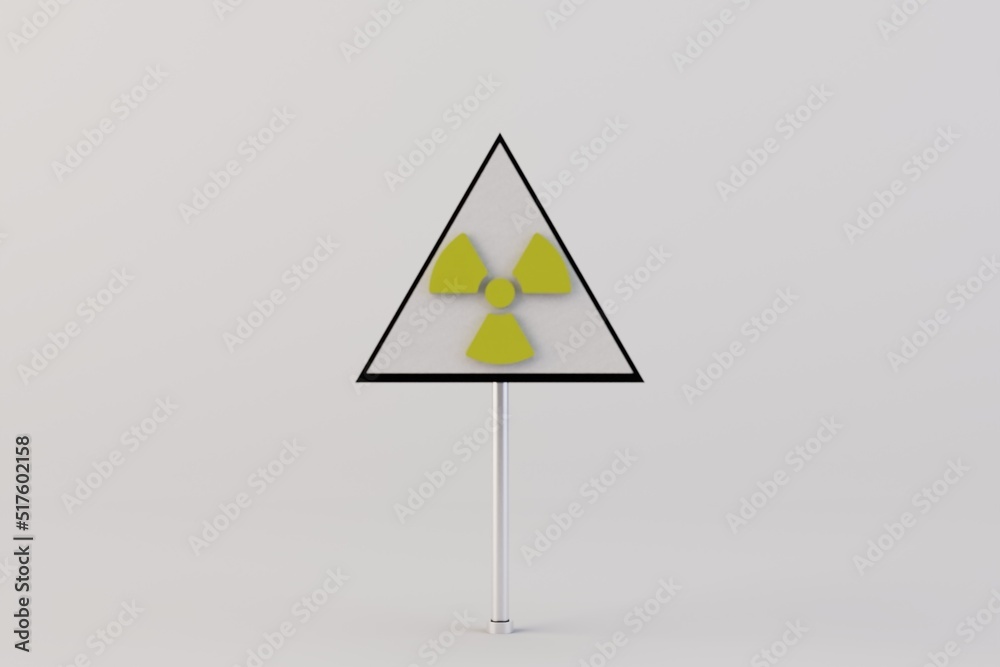 yellow radiation symbol on a white triangular sign with a black border ...