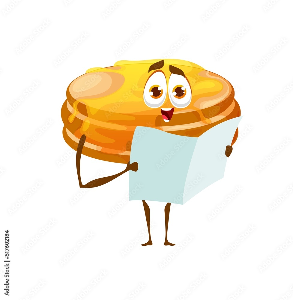 Cartoon pancake character reading book, vector funny dessert and sweet ...