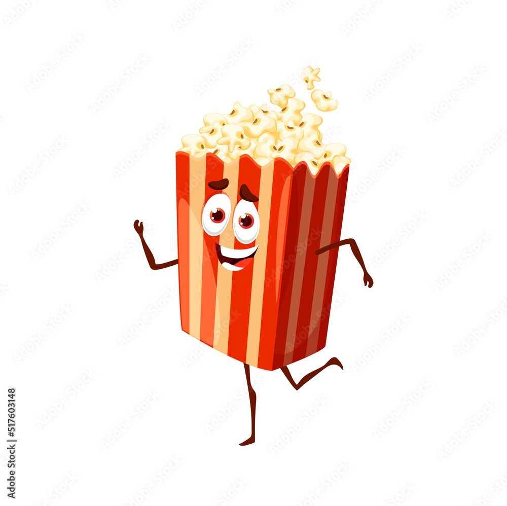 Cartoon popcorn box character. Funny vector pop corn bucket with cute ...
