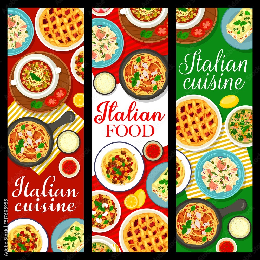 Italian cuisine food dishes, Italy restaurant pasta meals, vector ...