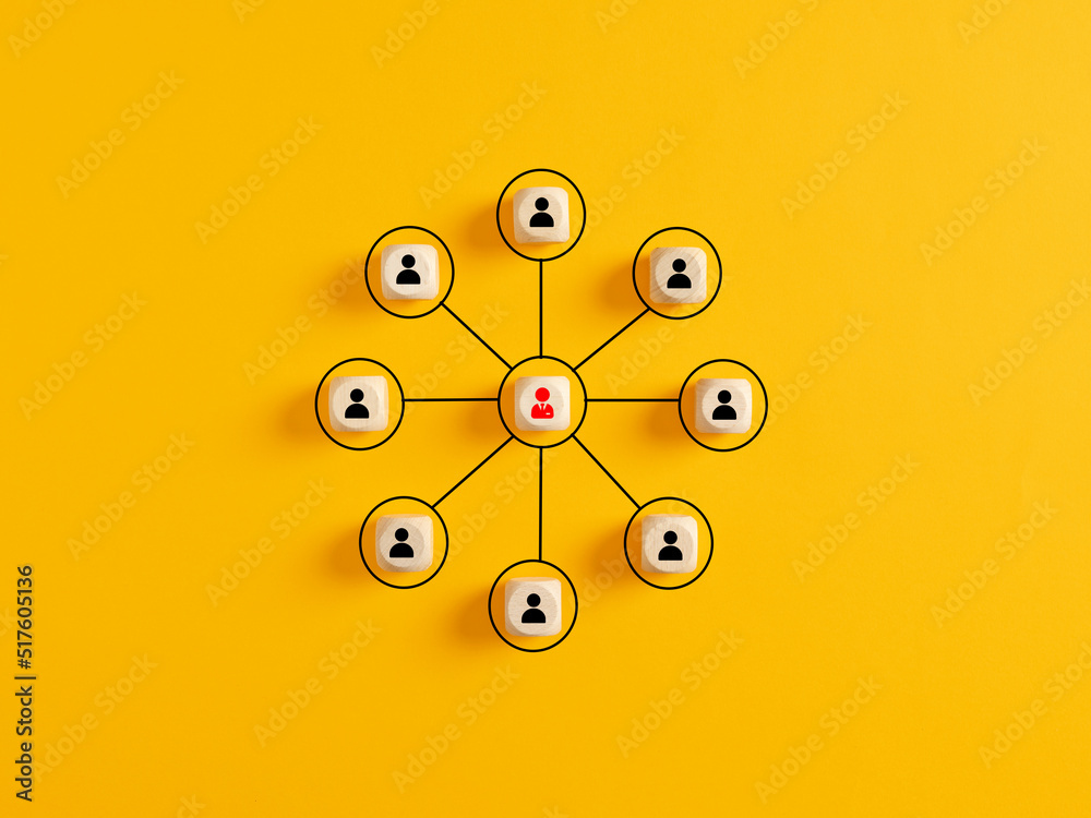 Company organizational chart of wooden cubes on yellow background ...