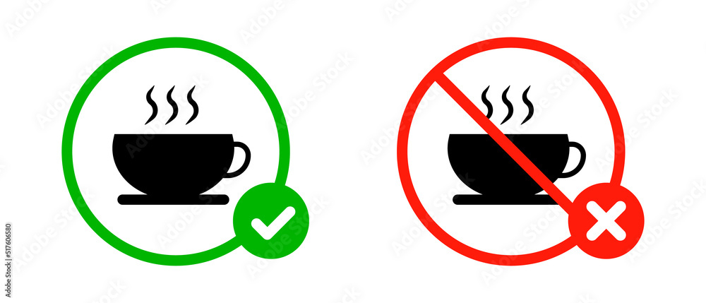 Drink allowed and prohibited. Coffee silhouette icon with check mark ...