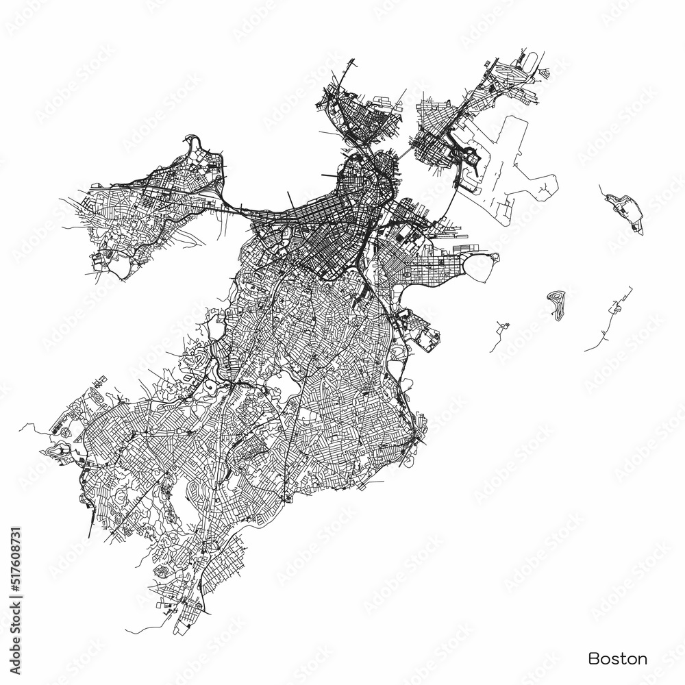 Boston city map with roads and streets, United States. Black and white ...
