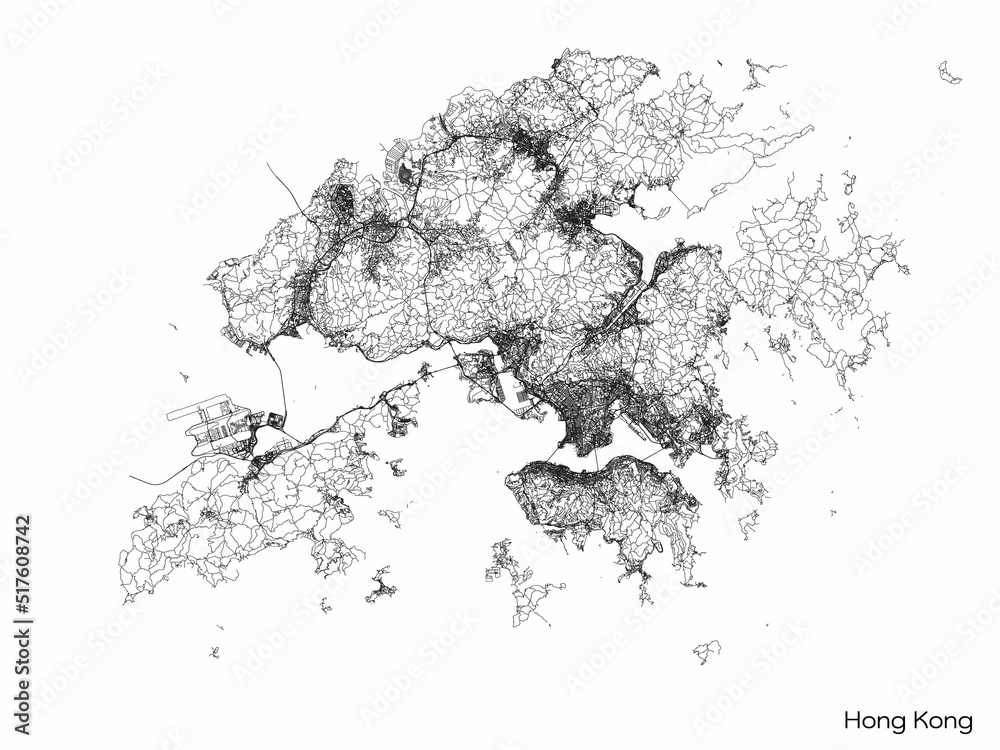 Hong Kong city map with roads and streets. Vector outline illustration ...