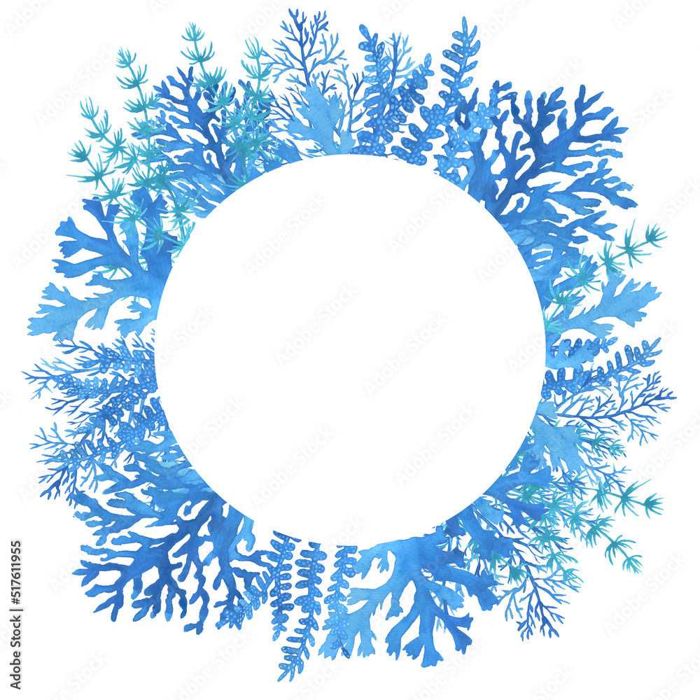Round frame, template with underwater life objects -blue sea plants ...