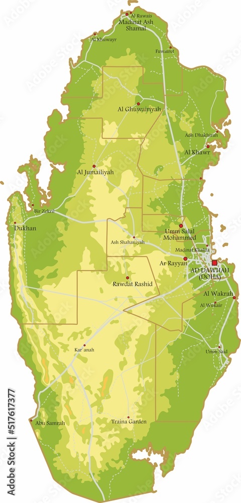 Vector physical map of Qatar. Mountains and plains of the Asian state ...