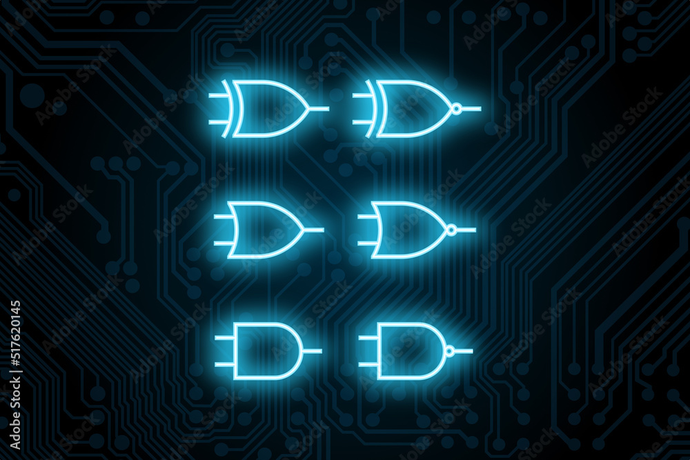 Digital logical gates neon symbols on black electric circuit background ...