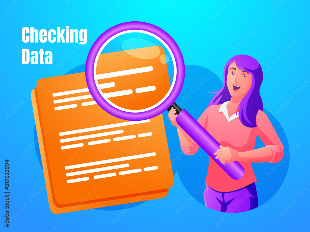 Checking data concept with magnifying glass symbol and document Stock ...