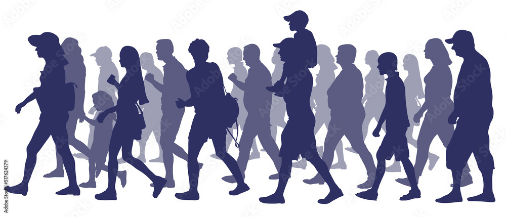 Moving crowd of people, silhouette. Side view. Vector illustration ...