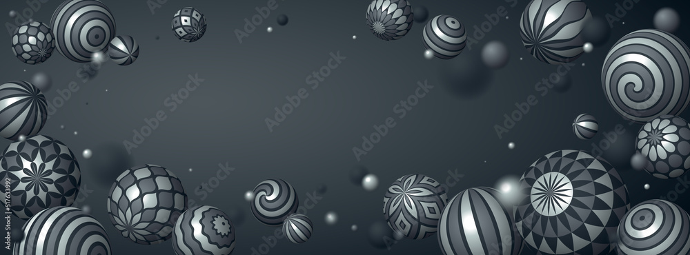 Realistic decorated metallic spheres vector illustration, abstract ...