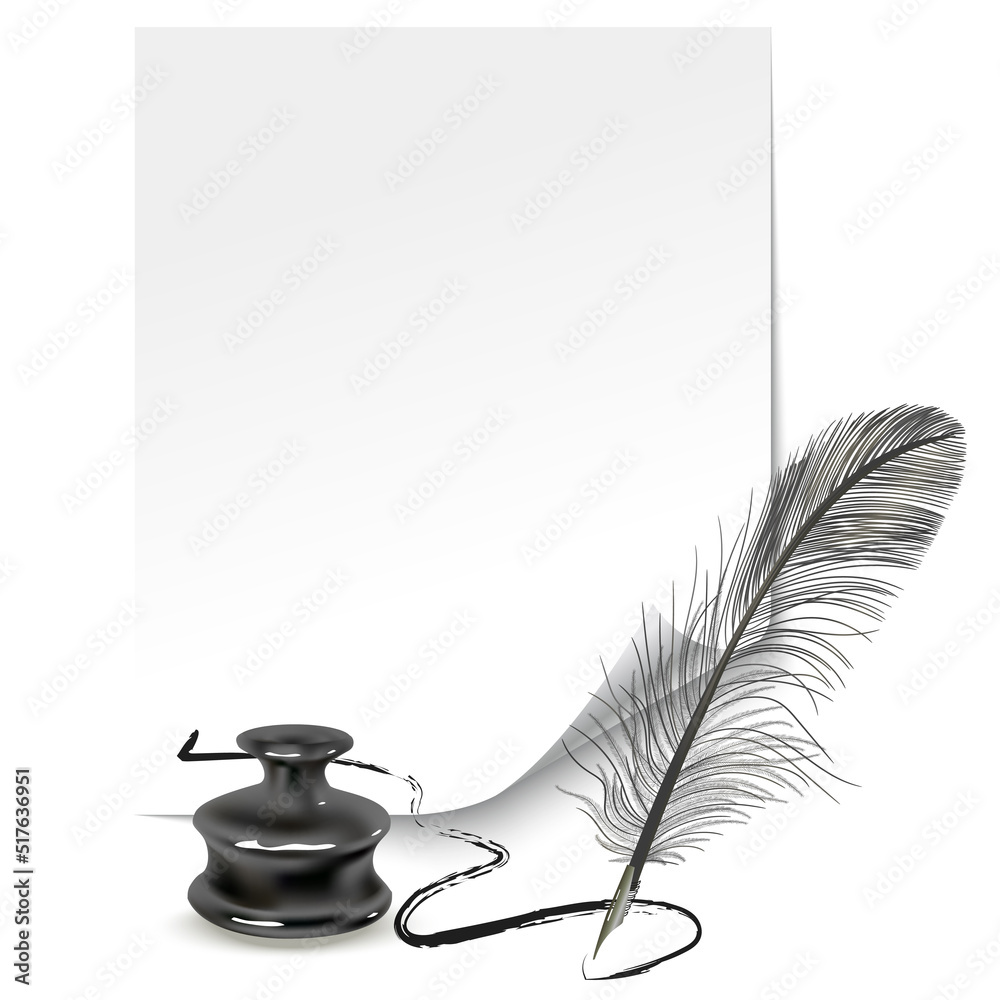 Inkwell with pen for writing on paper, for drawing. Illustration for ...