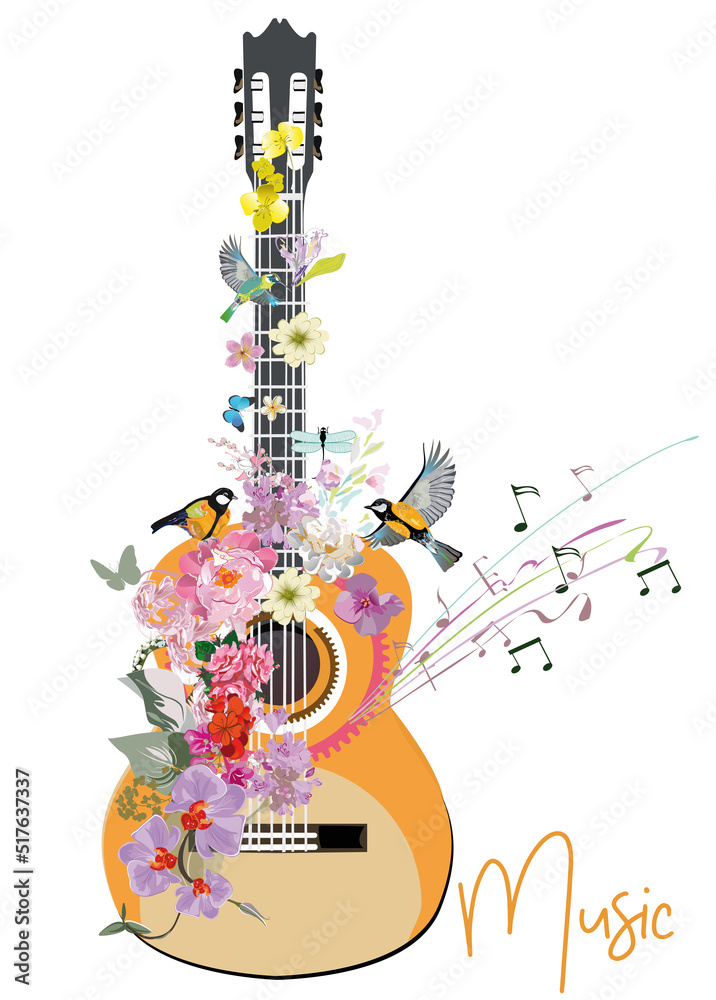 Abstract treble clef decorated with summer and spring flowers, palm ...