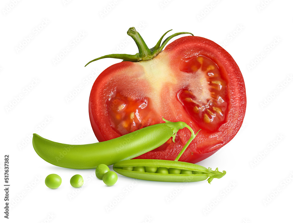 One large tomato slice and few fresh pea pods isolated on white ...