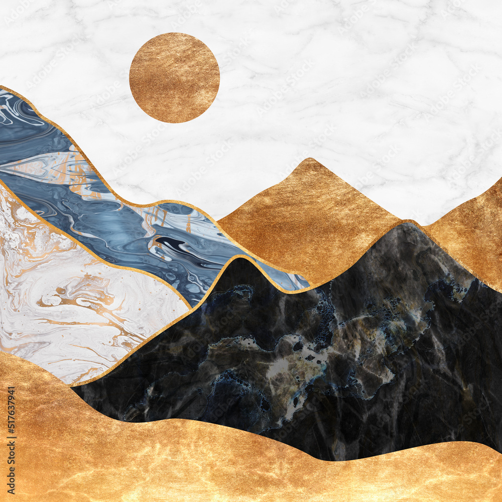 Gold mountain wallpaper design with landscape line arts, Golden luxury ...