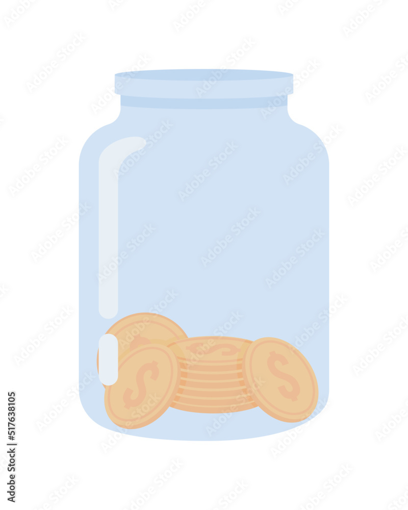 Jar with coins semi flat color vector object. Full sized item on white ...