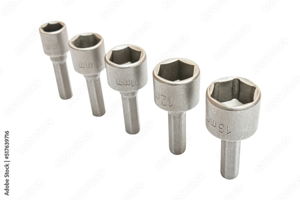 Set of interchangeable hexagonal sockets of different shapes and sizes ...