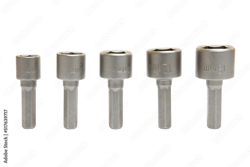 Set of interchangeable hexagonal sockets of different shapes and sizes ...