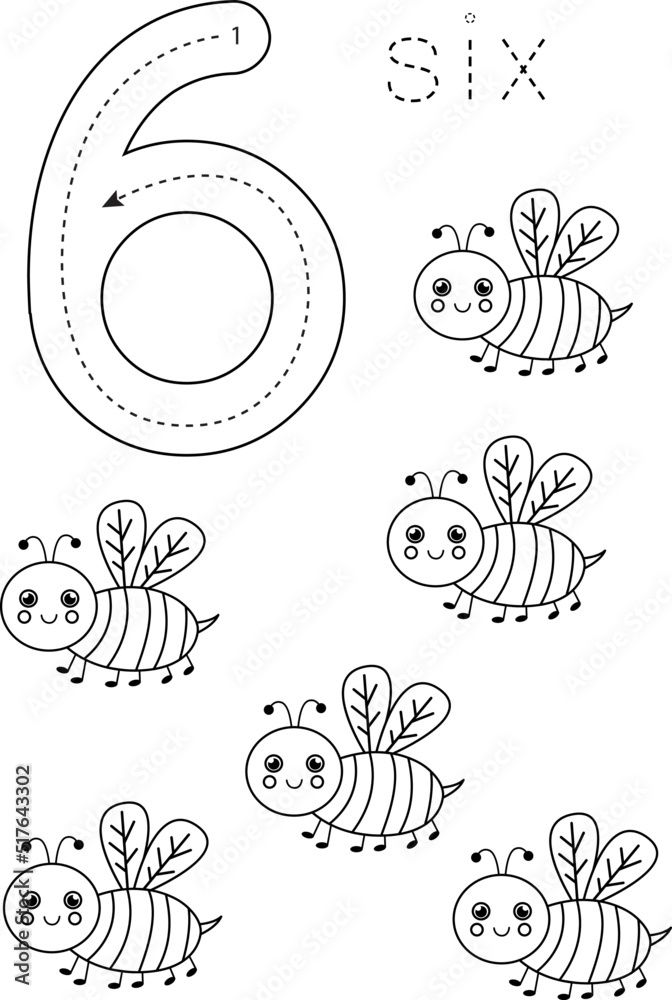 Flashcard number 6. Preschool worksheet. Black and white bees. Stock ...