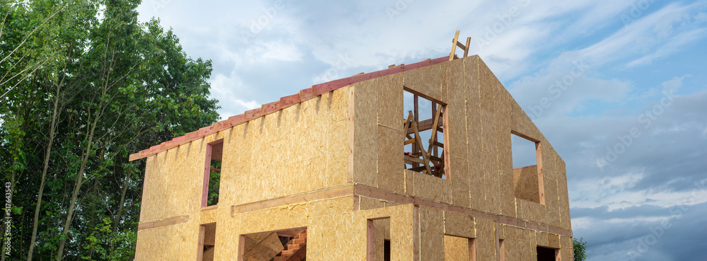 Construction of new and modern modular house. Walls made from composite ...