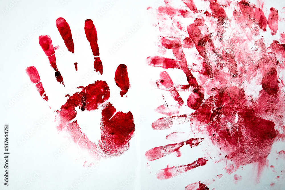 Red Bloody fingerprints and palm print on the white background. Horror ...