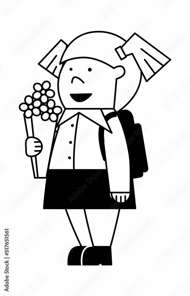 First grader with a backpack ready for school. A student with a bouquet ...