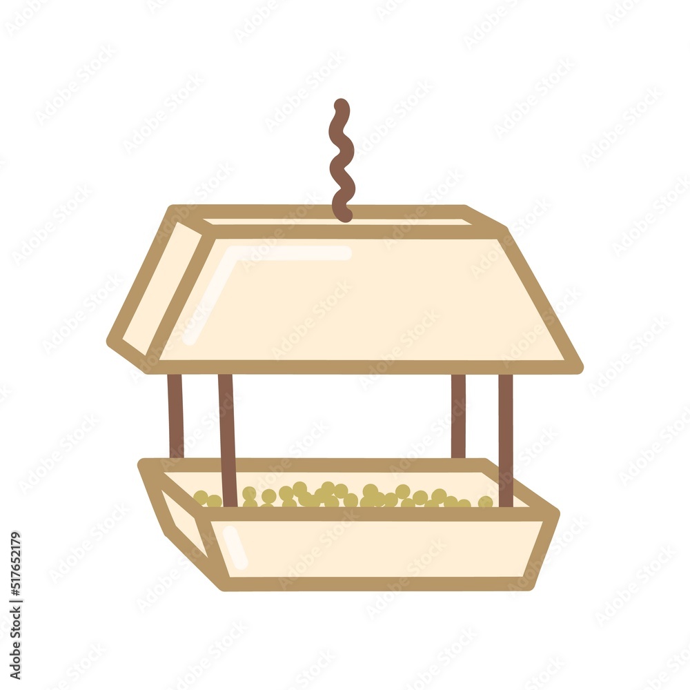 Bird feeder with seeds. Hand drawn illustration in cartoon style ...