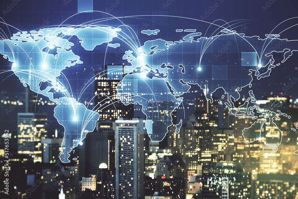 Abstract graphic digital world map hologram with connections on San ...