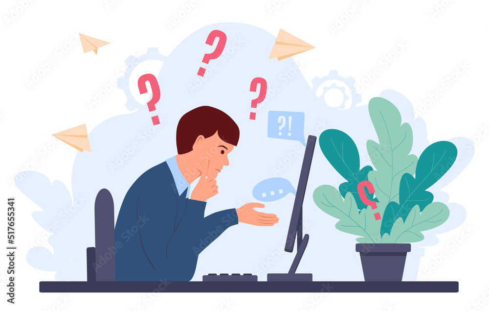 Thoughtful guy sits leaning towards the monitor. A man works at a ...