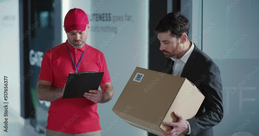 Bearded office manager man receiving crashed fragile parcel box arguing ...