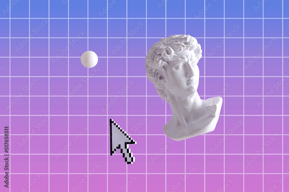 Vaporwave and synthwave minimal concept David statue head and collage with mouse cursor and ...