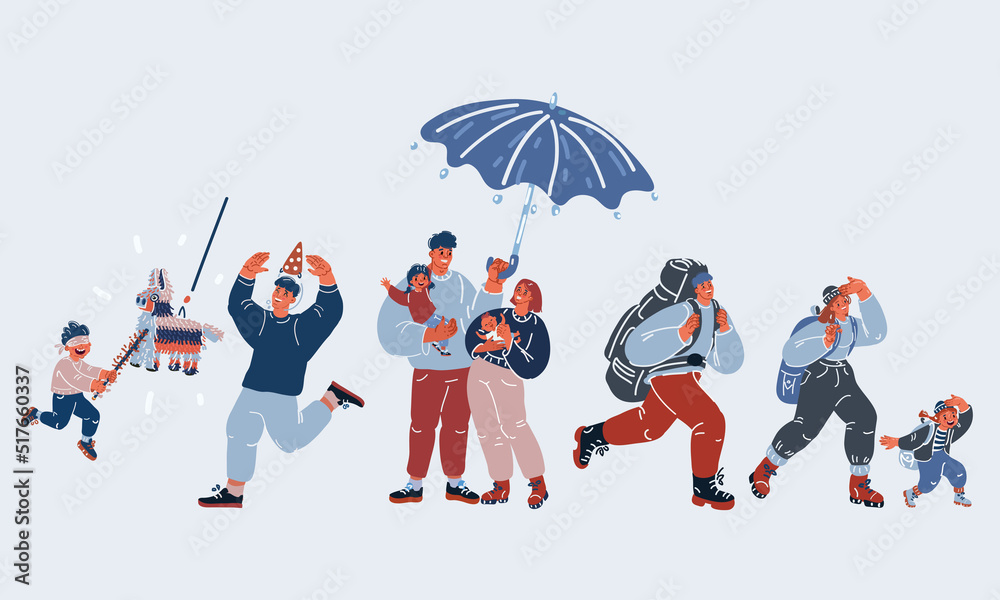 Vector illustration of family. Family goes camping, the husband holds ...