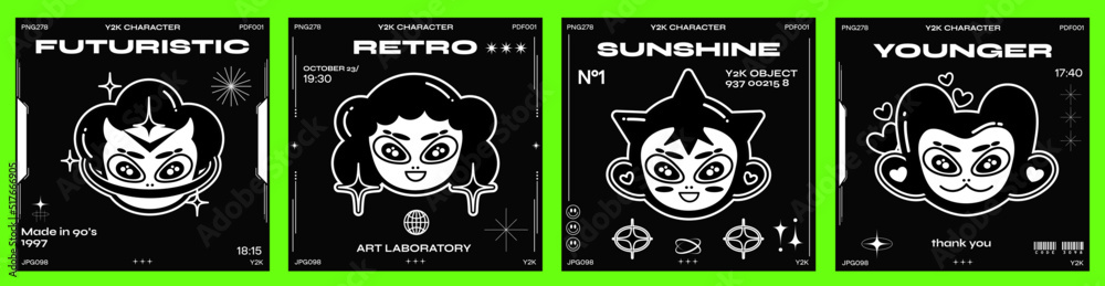 Characters retro cartoon style Y2K posters. Elements with stars for 90s ...
