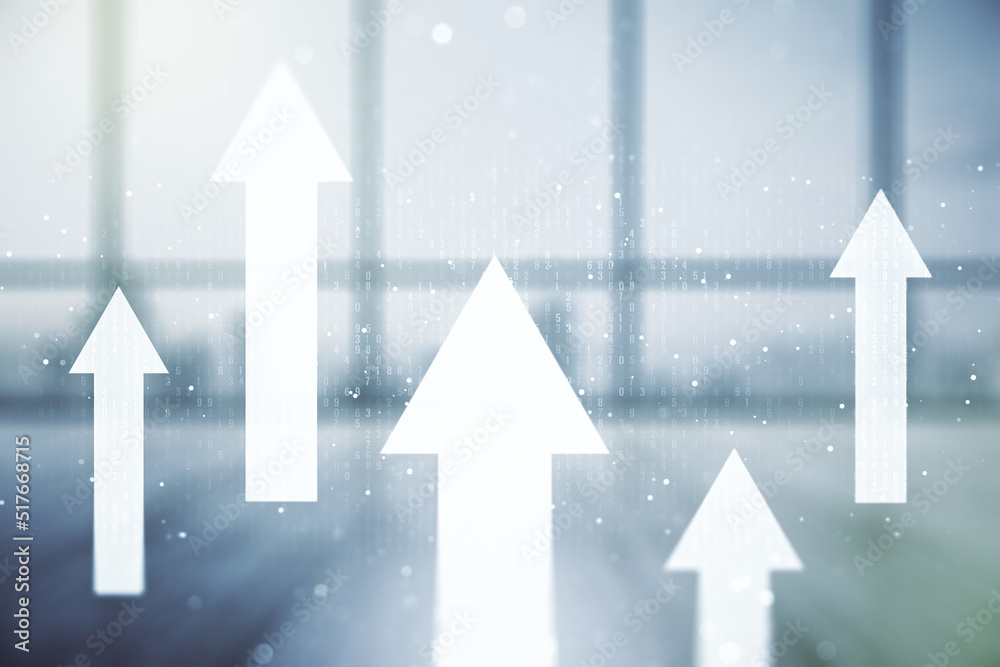 Virtual upward arrows illustration on empty corporate office background ...
