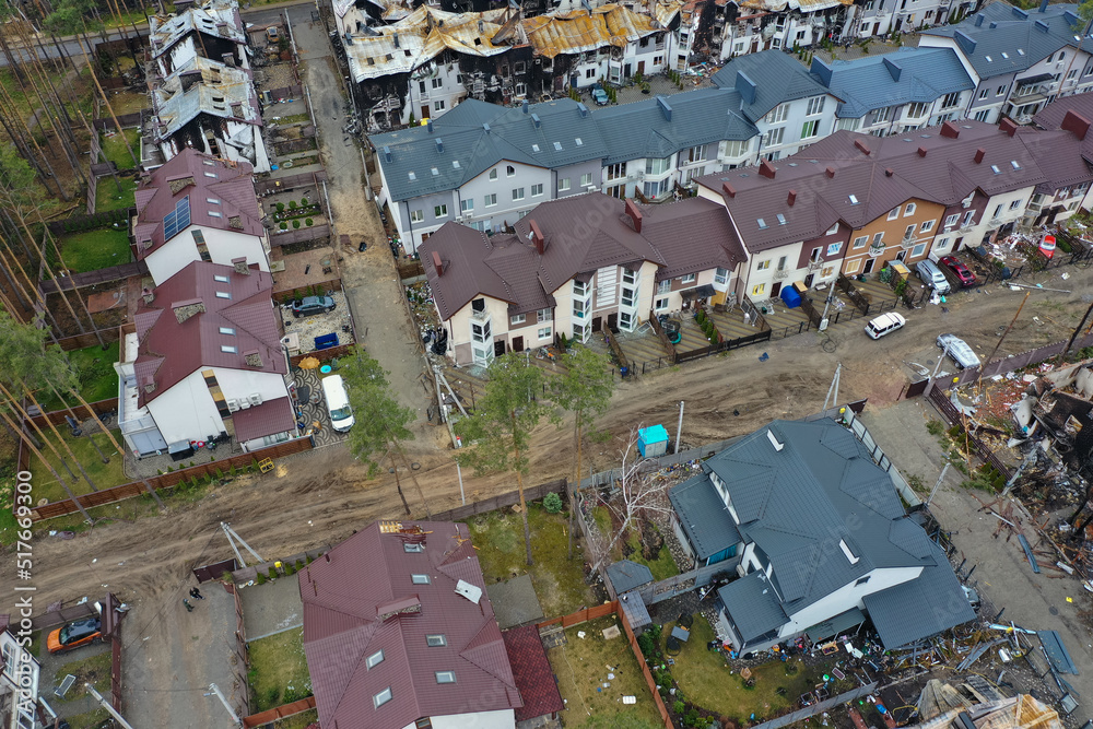 Top view of the destroyed and burnt houses. Houses were destroyed by ...