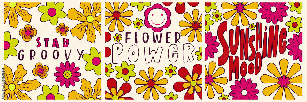 Daisy Flowers, Trippy groovy poster set for print design quote ...