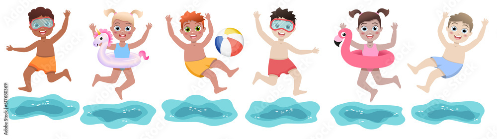 Set of cute kids different skin color spending holidays in seaside or ...