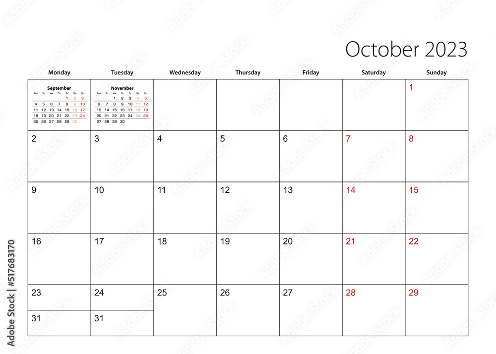 October 2023 simple calendar planner, week starts from Monday. Stock ...