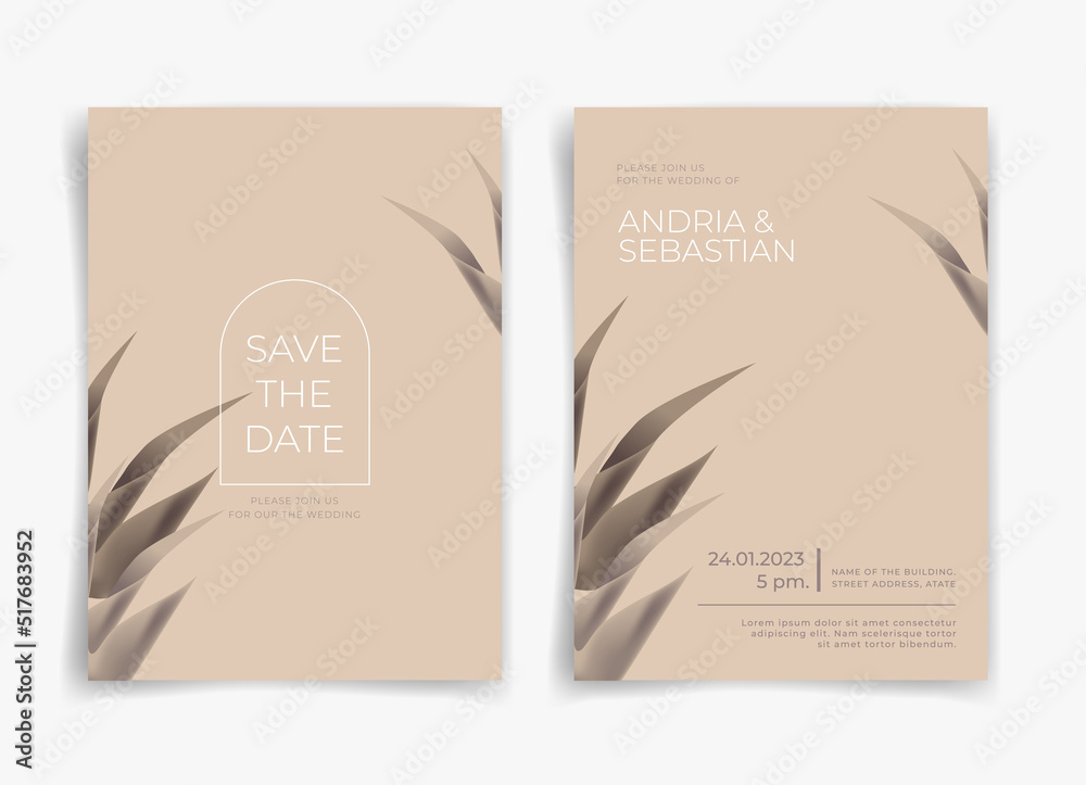 Brown wedding card or invitation card with leaf theme front side and ...