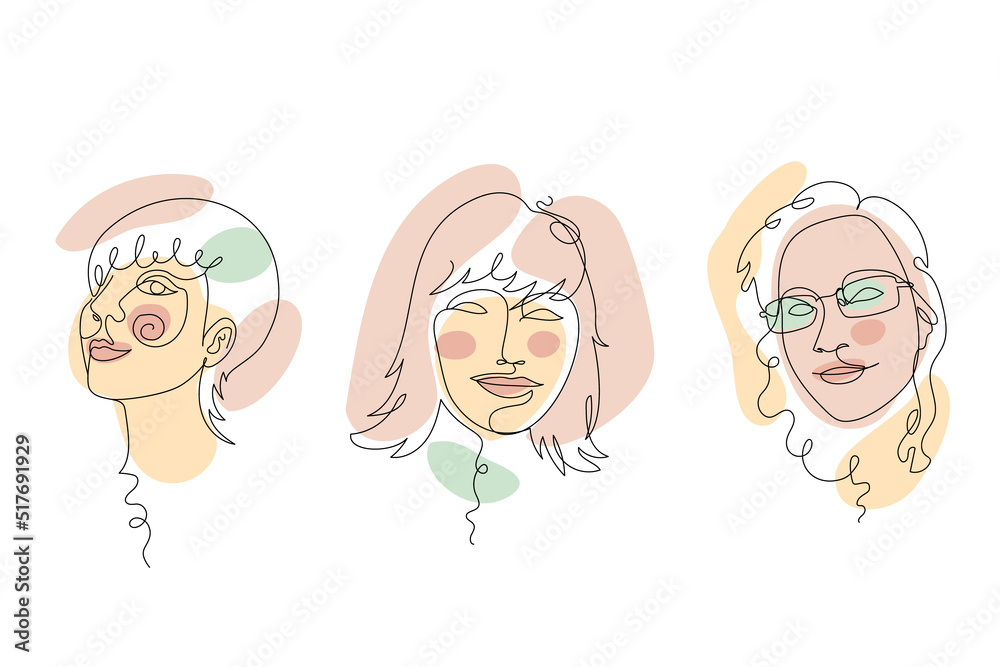 Set of female face single line drawings and pastel abstract shapes ...