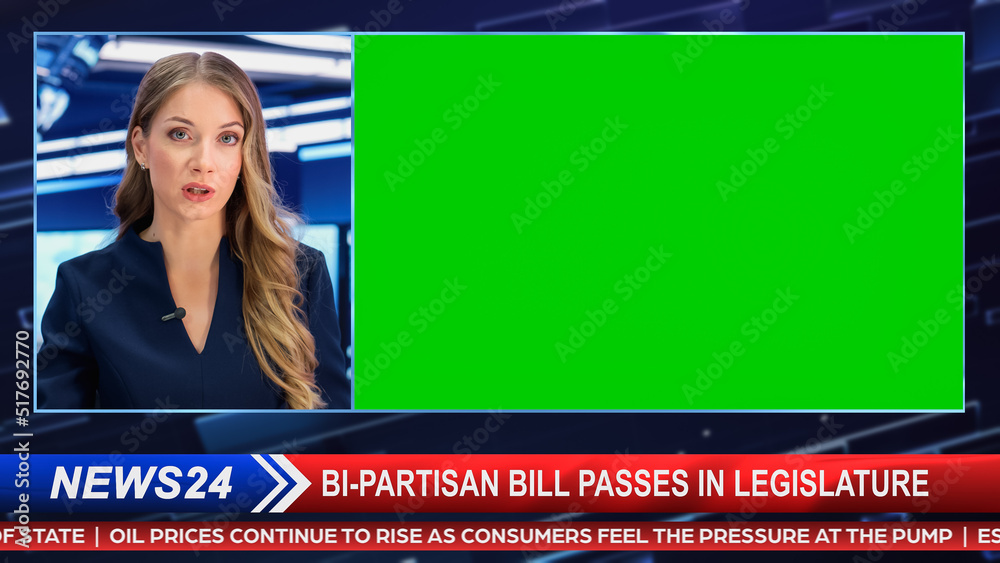 Split Screen TV News Live Report: Anchor Talks, Reporting. Reportage ...