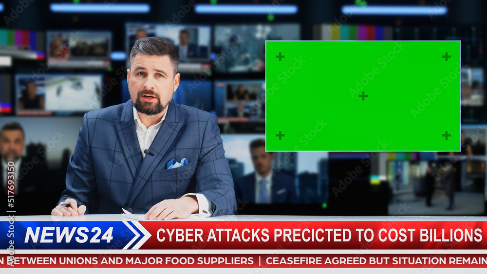 Split Screen TV News Live Report: Anchor Talks, Reporting. Reportage ...