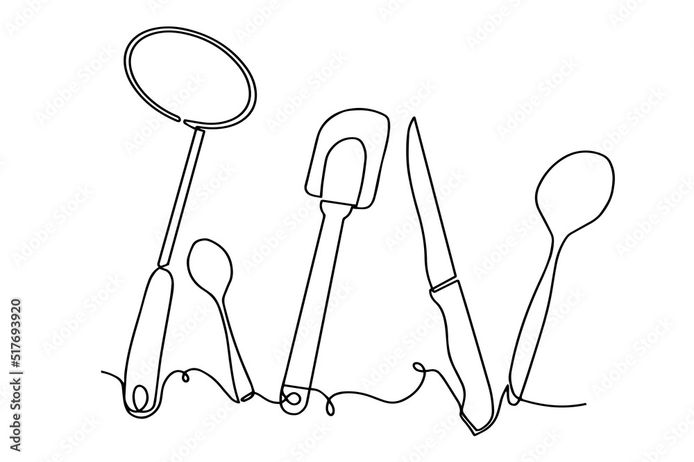 Cutlery background sketch. Single line drawing of isolated kitchen ...