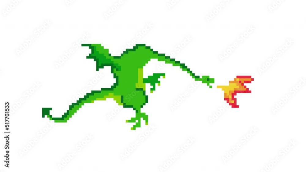 Animated pixel art video in 4K format. Green dragon with wings flies ...