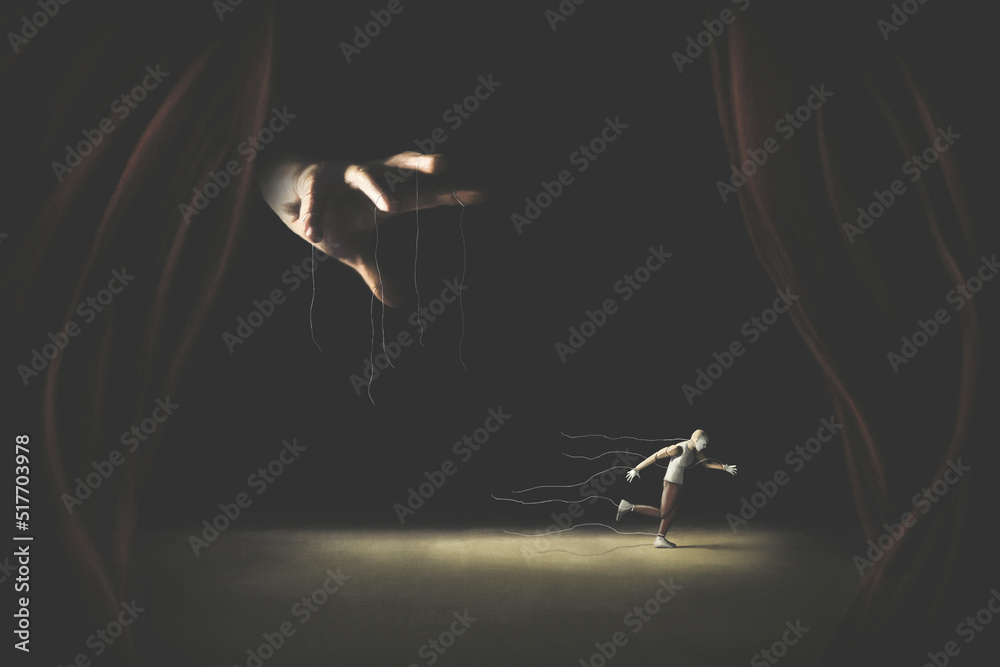 Illustration of rebel wooden puppet running far away, surreal abstract ...