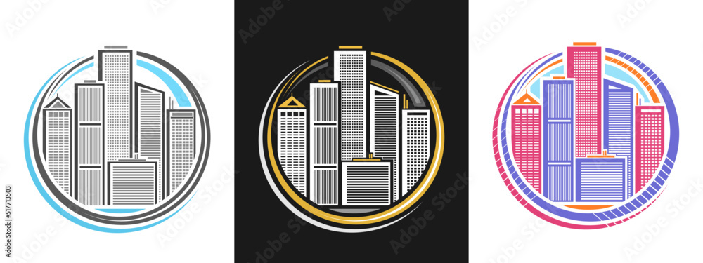 Vector set of Urban Logos, three monochrome round labels with simple ...