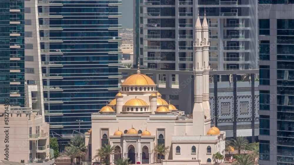 Dubai Marina skyline with Mohammad Bin Ahmed Al Mulla mosque aerial ...