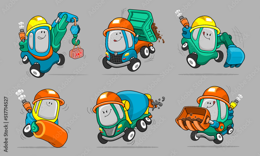 cartoon character six pieces of cute construction toy car with ...